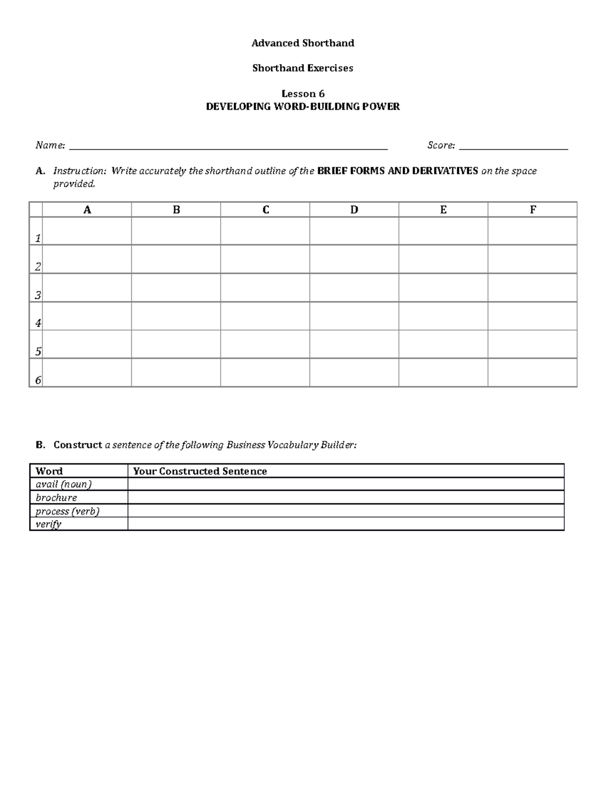 Elem shorthand - exercises lessons 6-10 - Shorthand Exercises Lesson 6 ...