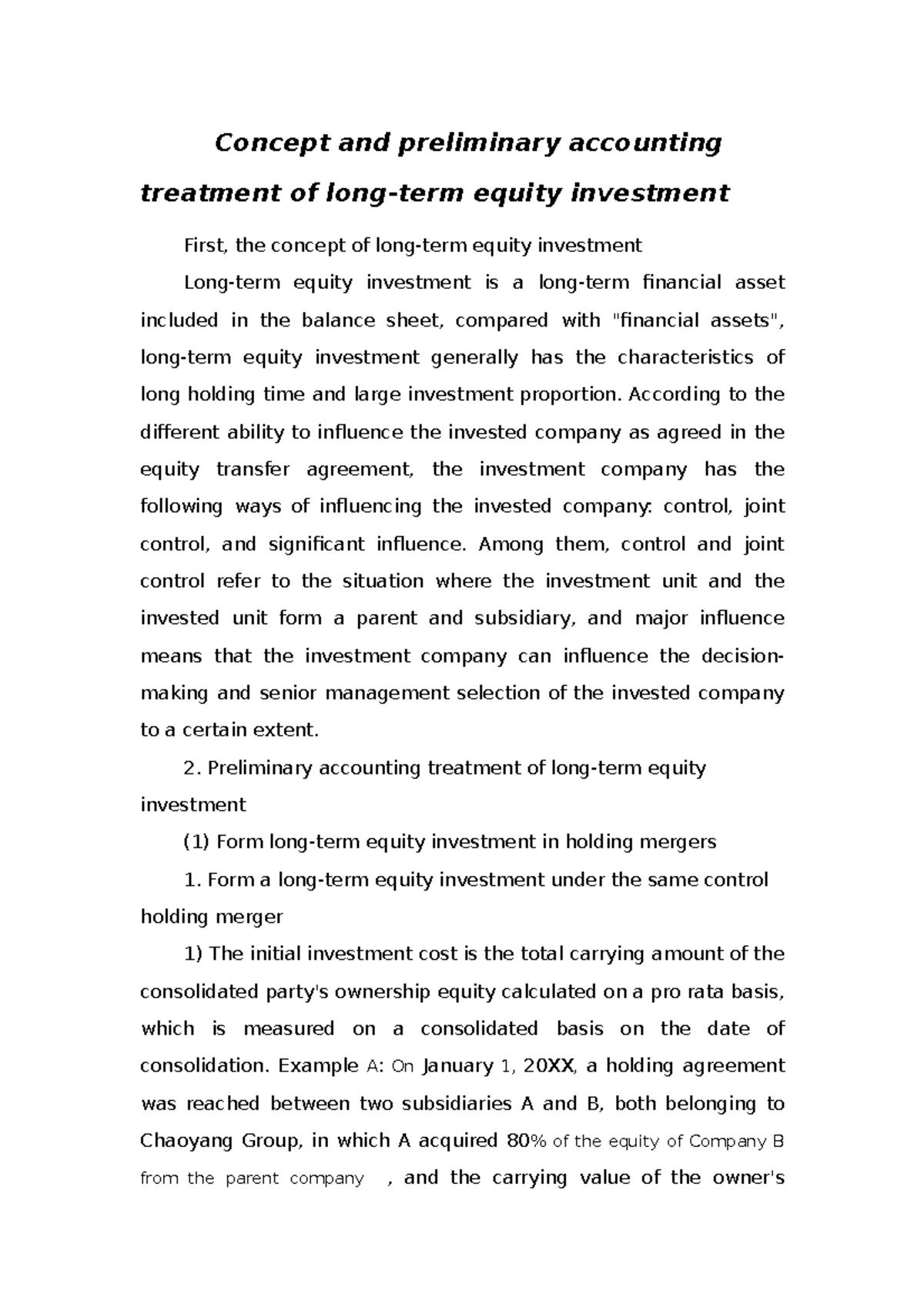 Concept and preliminary accounting treatment of long-term equity ...