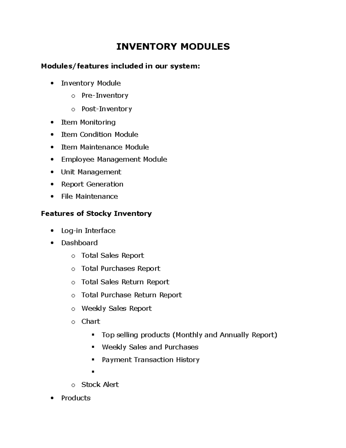 List of system features or modules - INVENTORY MODULES Modules/features ...