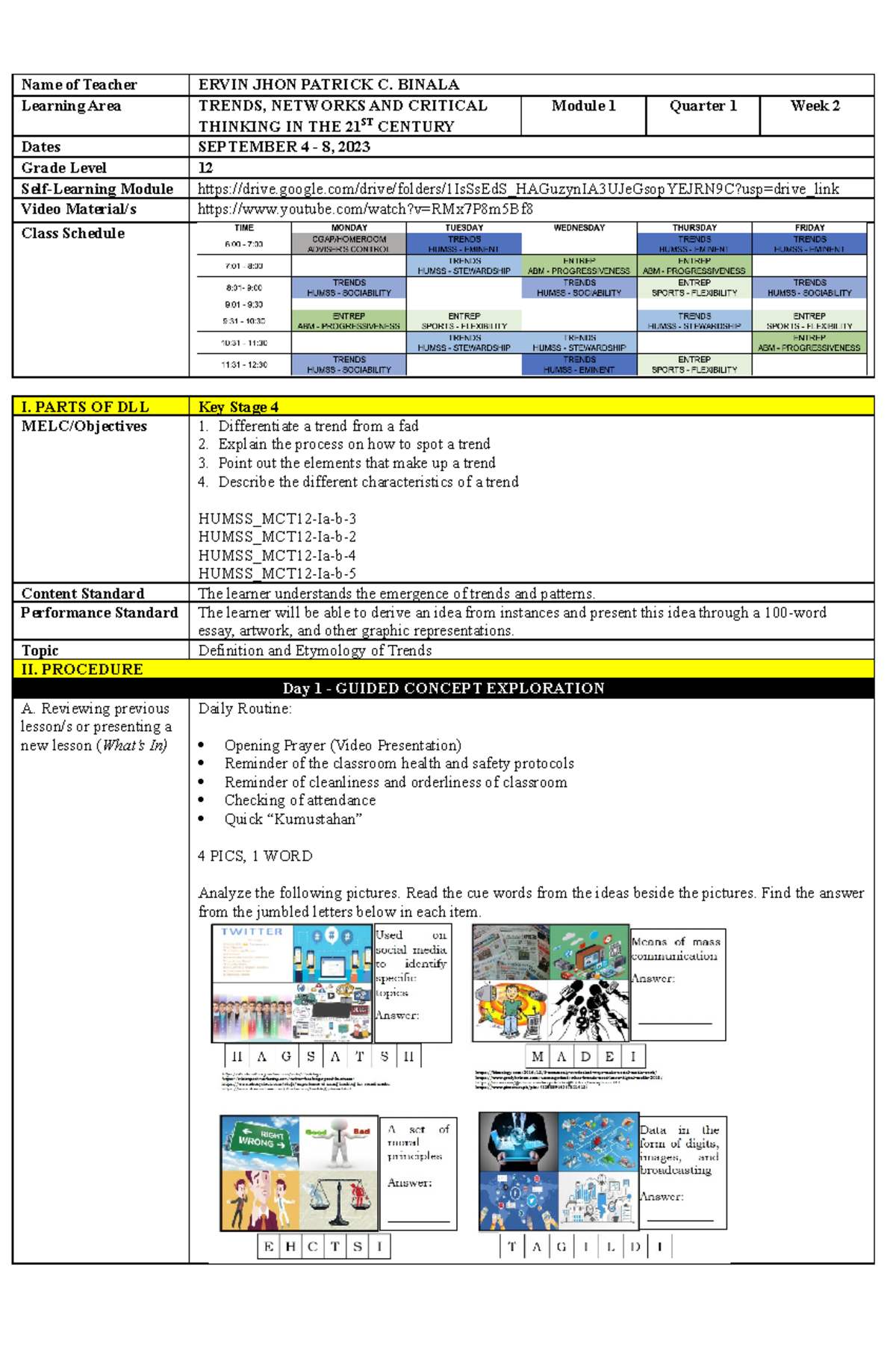 Module 1 Q1 Trends - Lesson Plan - Name of Teacher ERVIN JHON PATRICK C. BINALA Learning Area ...