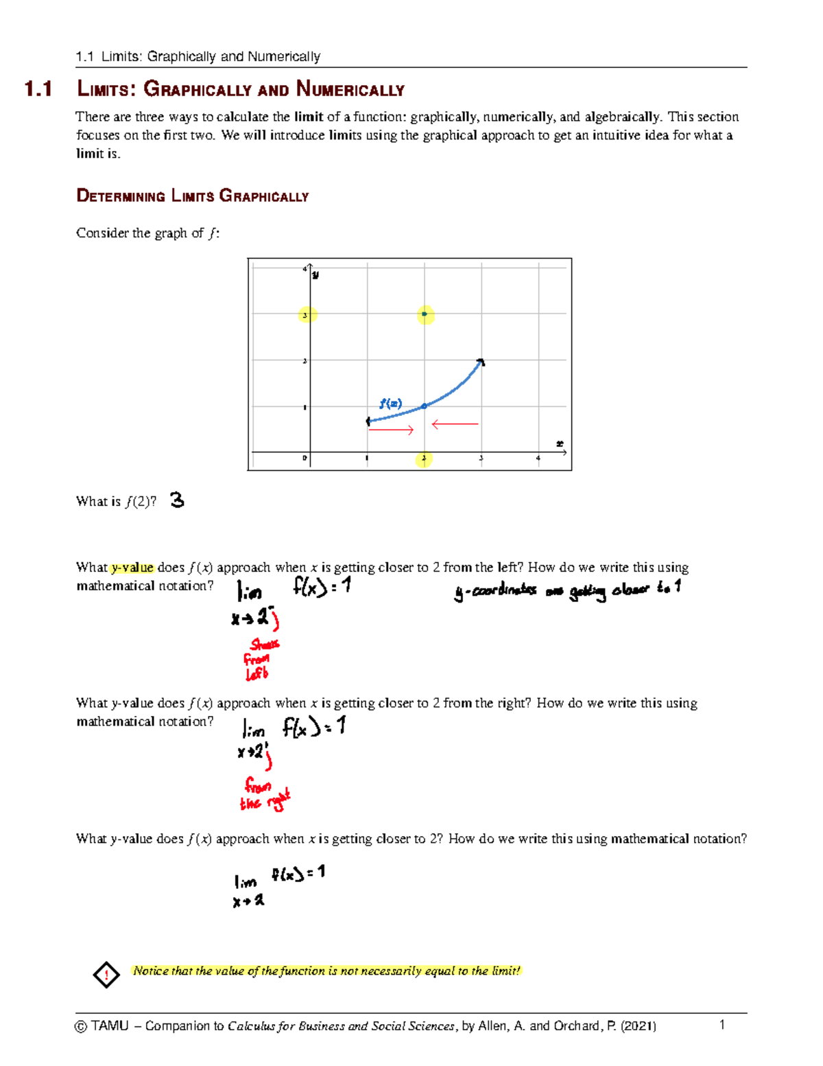1.1 Notes - 1 Limits: Graphically and Numerically There are three ways ...