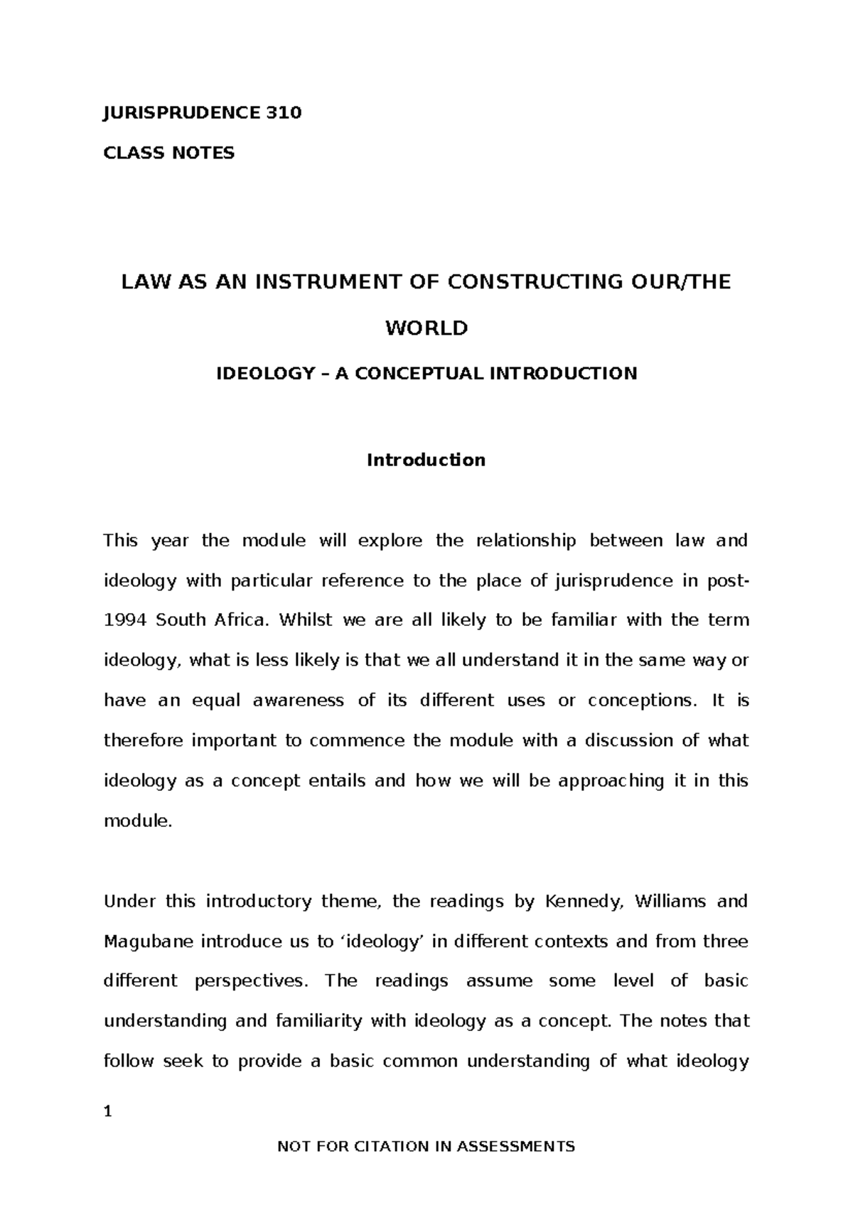 JUR 310 - Week 2 3 Notes - JURISPRUDENCE 310 CLASS NOTES LAW AS AN ...