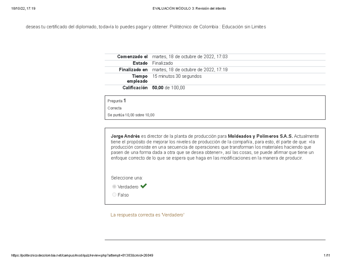 Evaluación Módulo 3 Revisión del intento - deseas tu certificado del diplomado, todavía lo ...