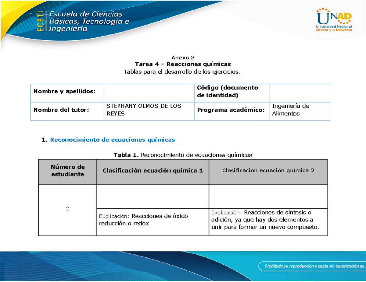 Anexo 3- Yessica Cuero - Tarea 4 reacciones quimicas - Anexo 3 Tarea 4 – Reacciones químicas ...