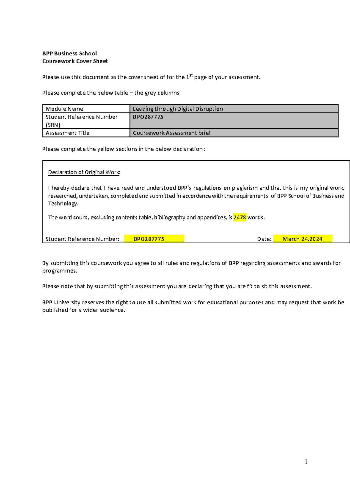 Leading Through Digital Disruption - BPP Business School Coursework Cover Sheet Please use this ...