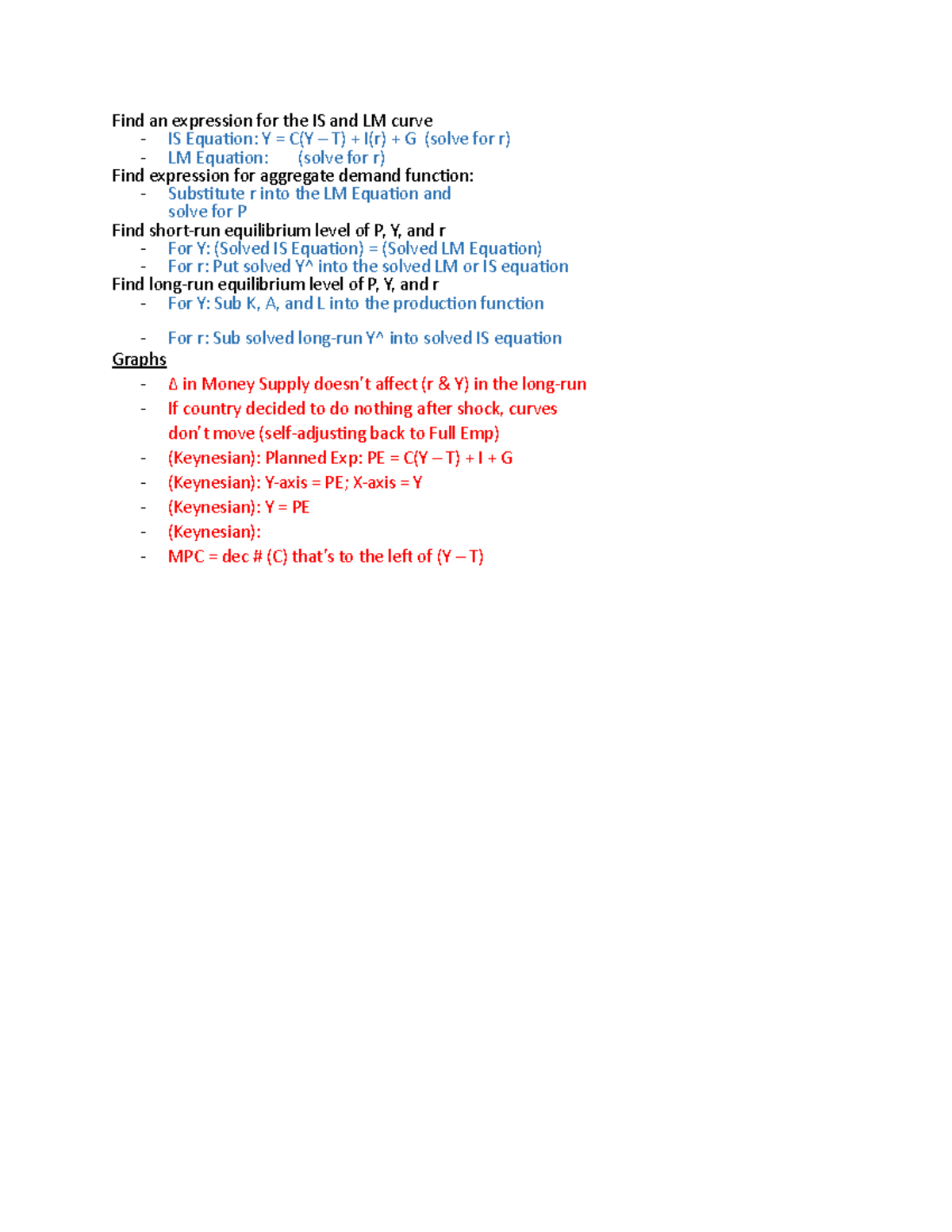 Macro- Final Exam (not MC) - Find an expression for the IS and LM curve ...