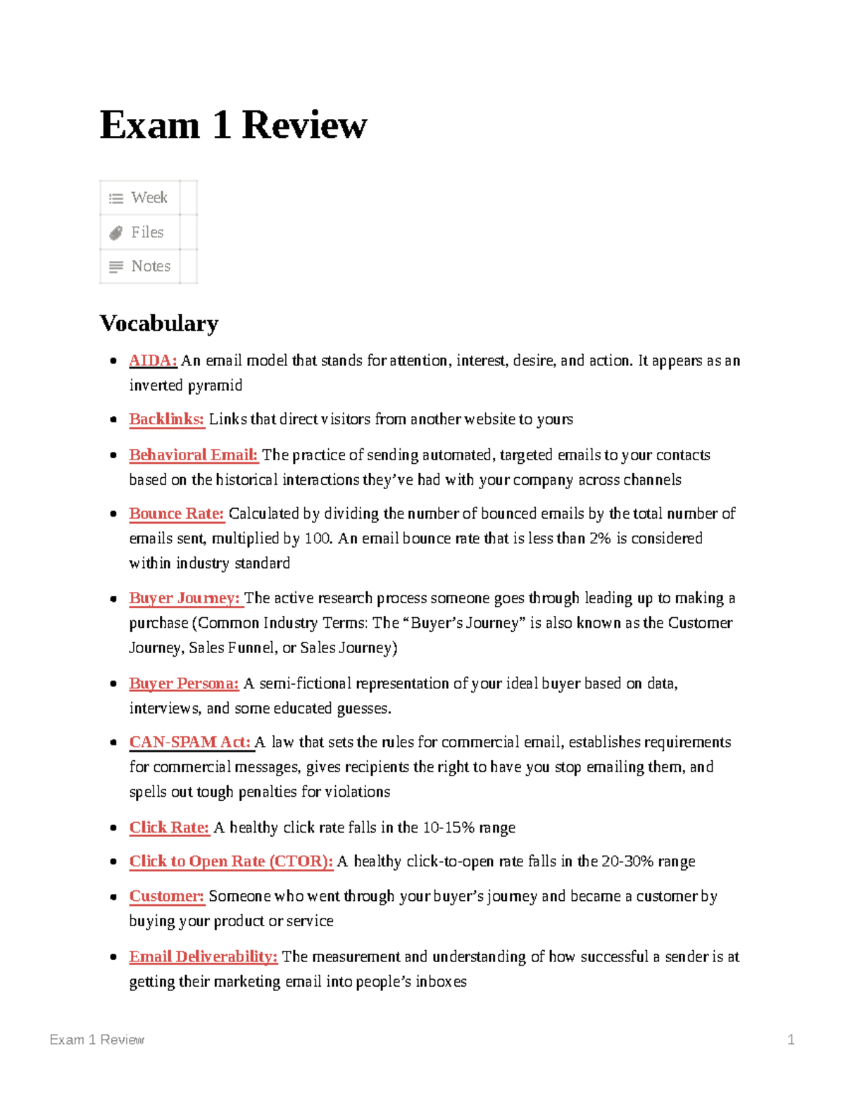 Exam 1 Study Guide - Exam 1 Review Week Files Notes Vocabulary AIDA: An ...