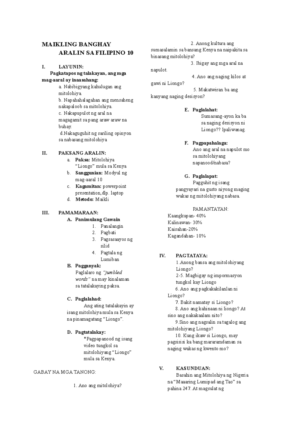 Maikling Banghay Aralin SA Filipino 10 - for merge - MAIKLING BANGHAY ARALIN SA FILIPINO 10 I ...