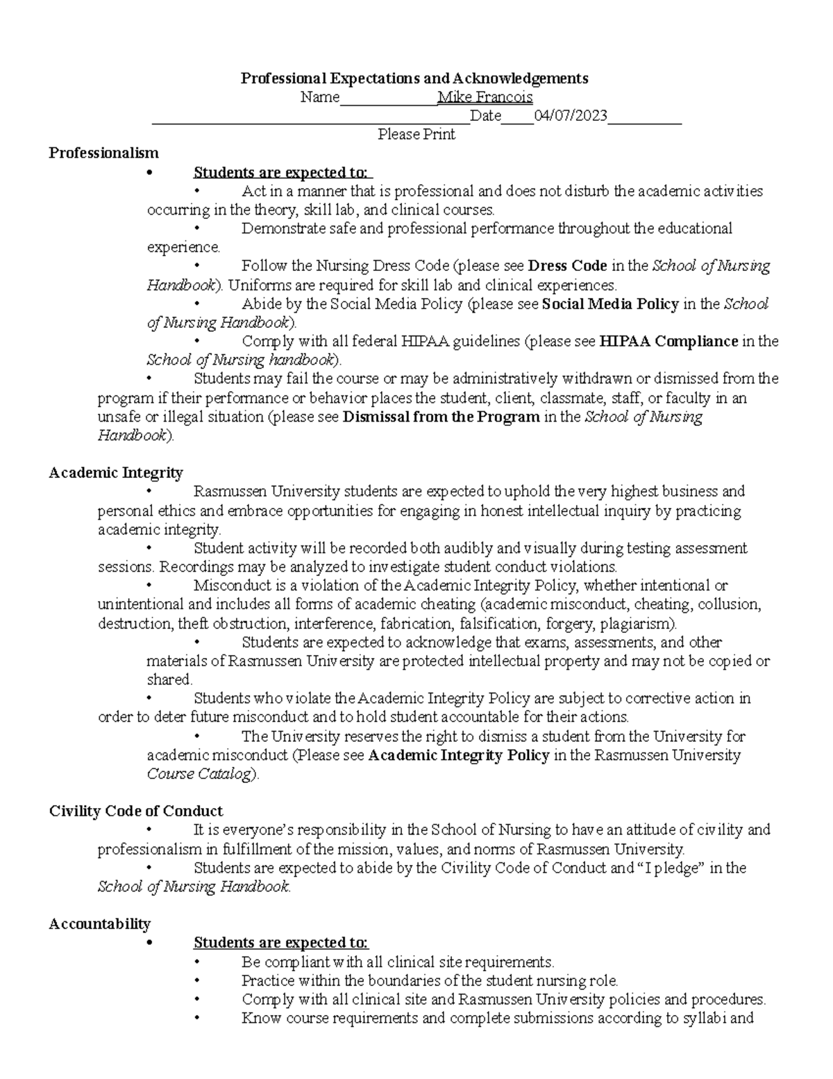 Professional Expectations and Acknowledgements - Professional ...