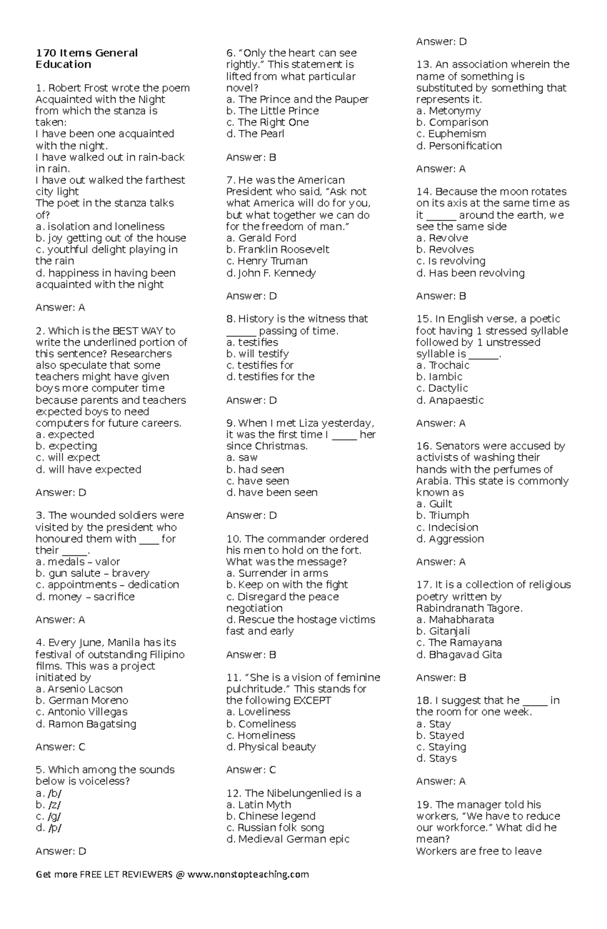 170 Items General Education - 170 Items General Education Robert Frost ...