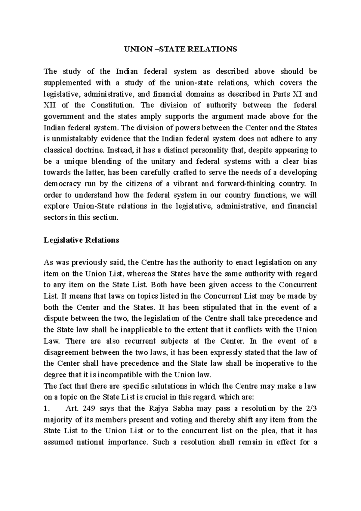 Union – State Relations - UNION –STATE RELATIONS The study of the ...