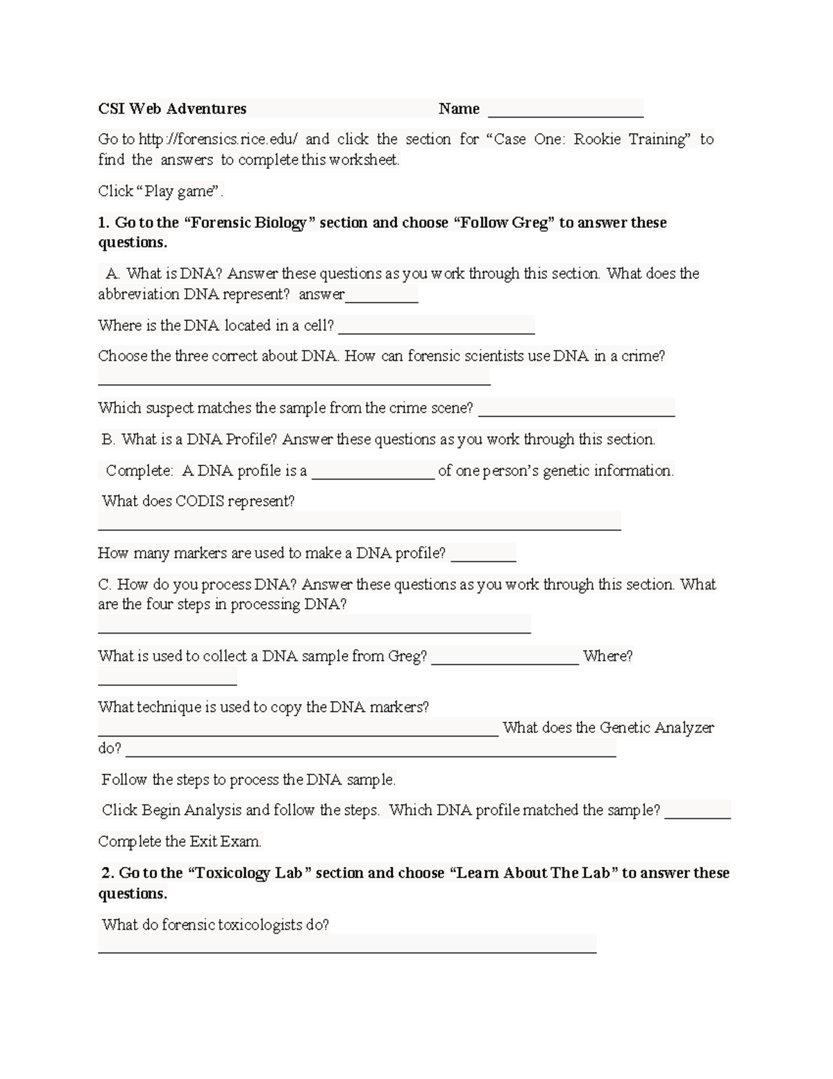 Editable CSI Case 1 Student Sheet - CSI Web Adventures Name ...