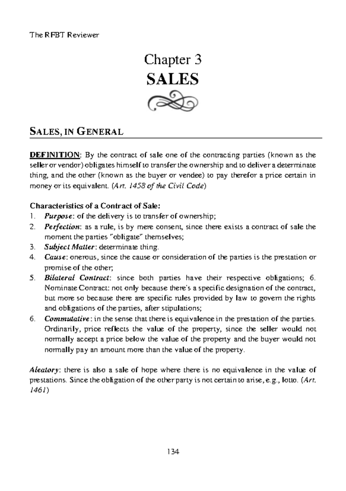 Sales - NICEEe - The RFBT Reviewer Chapter 3 SALES SALES, IN GENERAL DEFINITION: By the contract ...