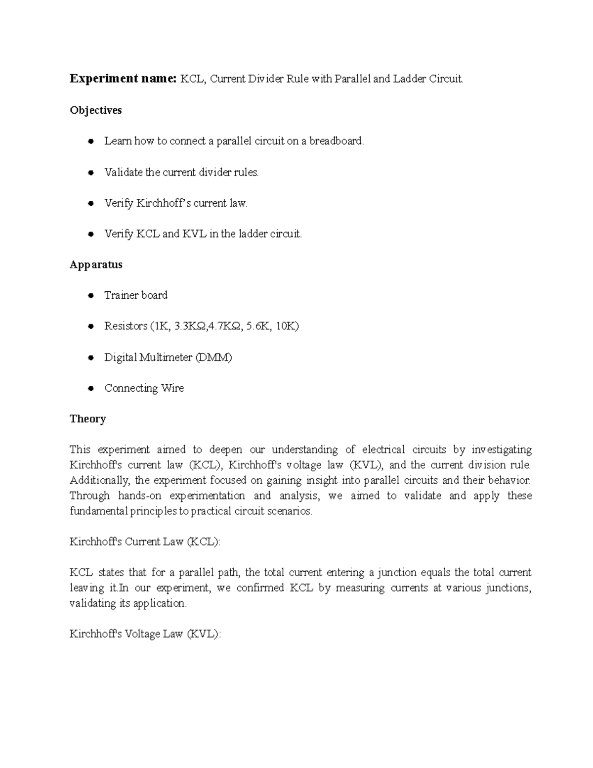 Lab task 3 kcl kvl - Experiment name: KCL, Current Divider Rule with Parallel and Ladder Circuit ...