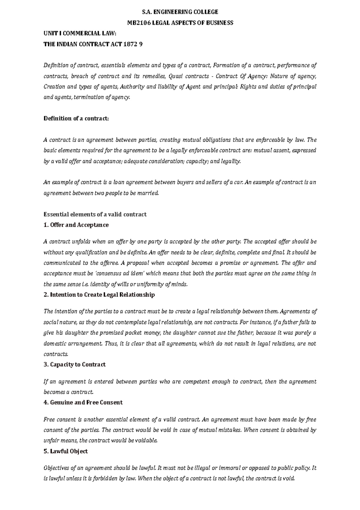 Legal Aspects - Unit-1 - Unit-1 - S. ENGINEERING COLLEGE MB2106 LEGAL ...