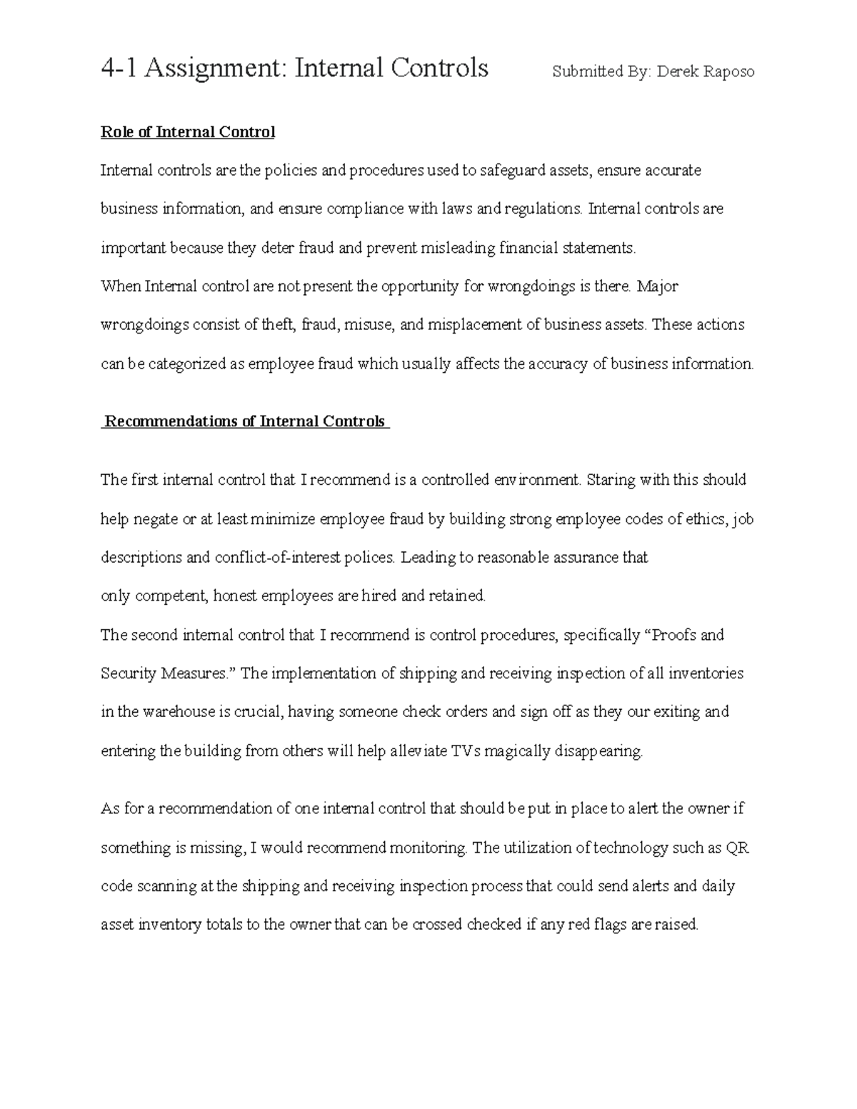 4-1 Assignment - Internal Controls - 4-1 Assignment: Internal Controls Submitted By: Derek ...