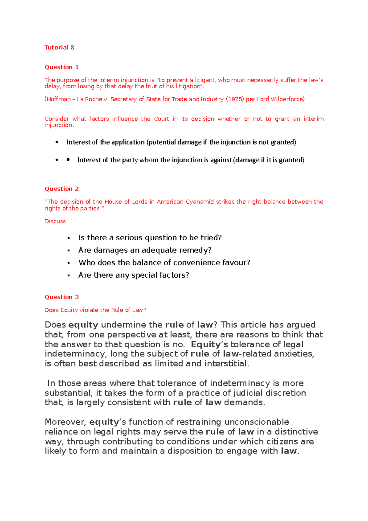 Tutorial 8 - Equitable Remedies - Tutorial 8 Question 1 The purpose of the interim injunction is ...