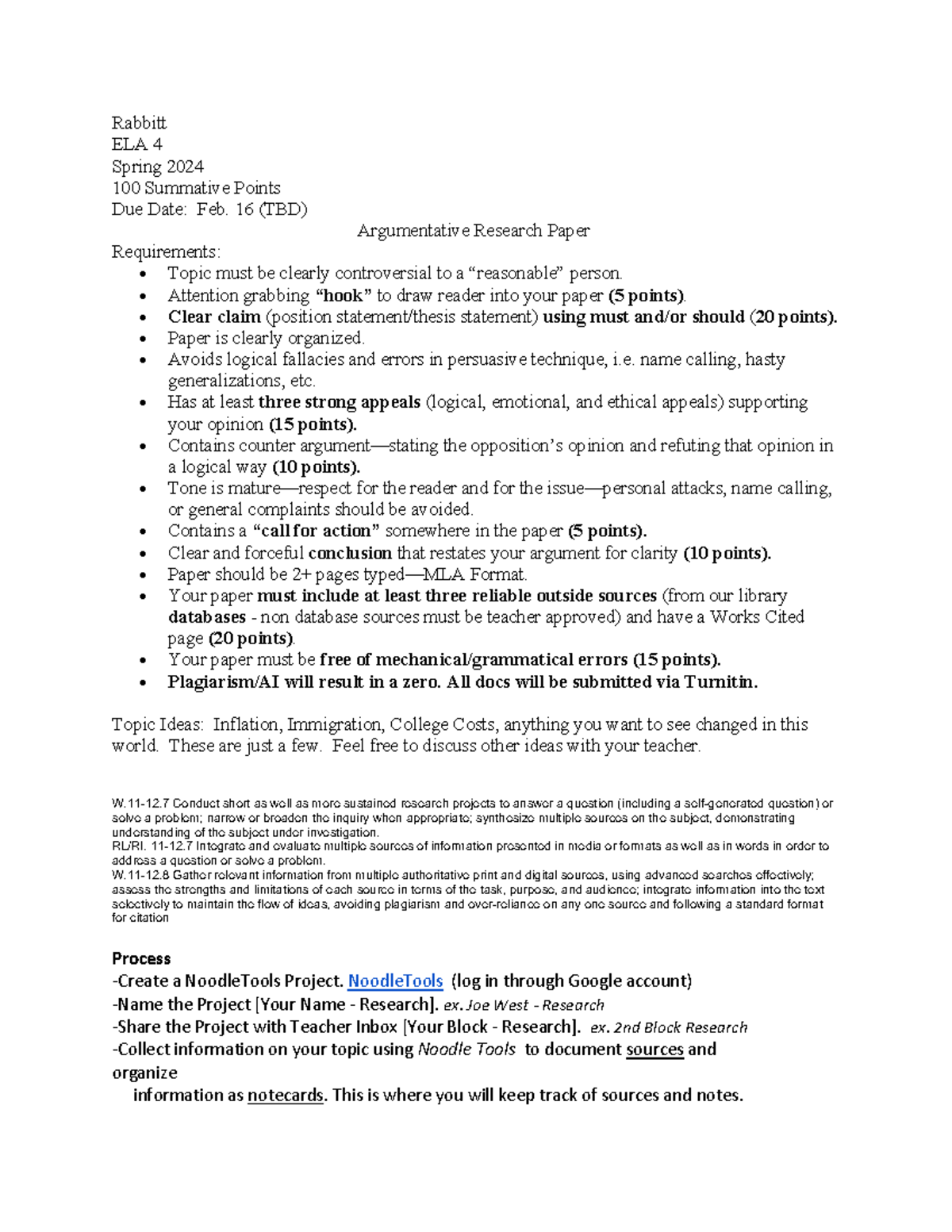 Argumentative Research Paper 2024-3 - Rabbitt ELA 4 Spring 2024 100 ...