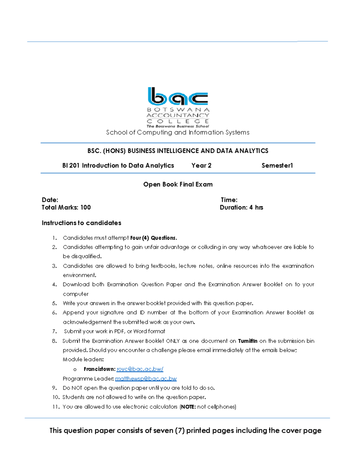 IDA Final Exam 2021 - Question Paper - School of Computing and Information Systems BSC. (HONS ...