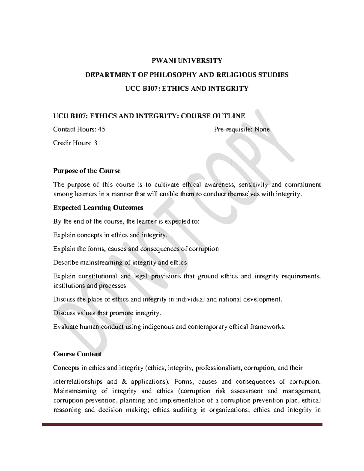 UCC B107 Ethics AND Integrity RAW Notes 2019 - PWANI UNIVERSITY ...