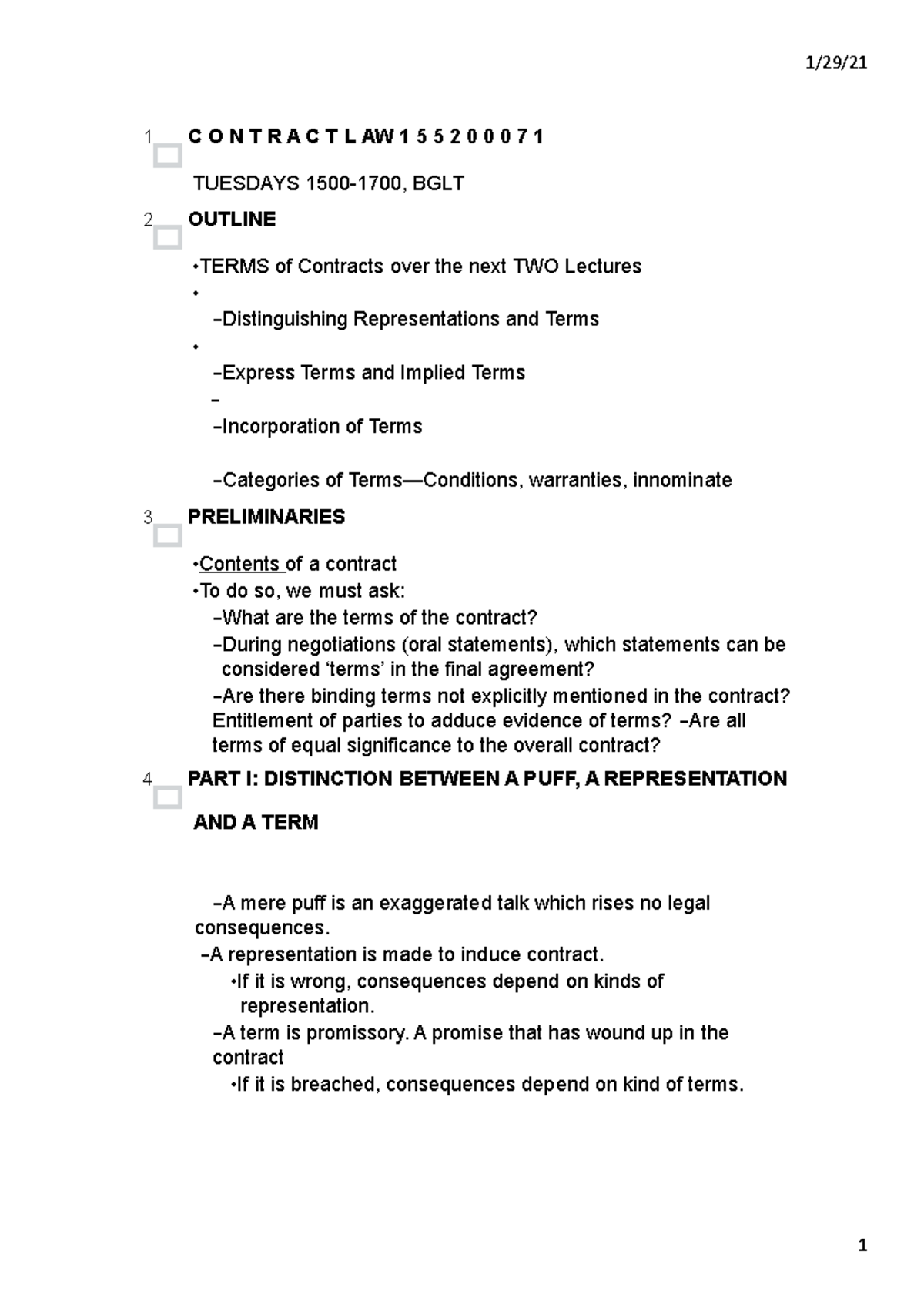 Contract Law Terms 1 (Express Terms) - Contract - SOAS University of ...