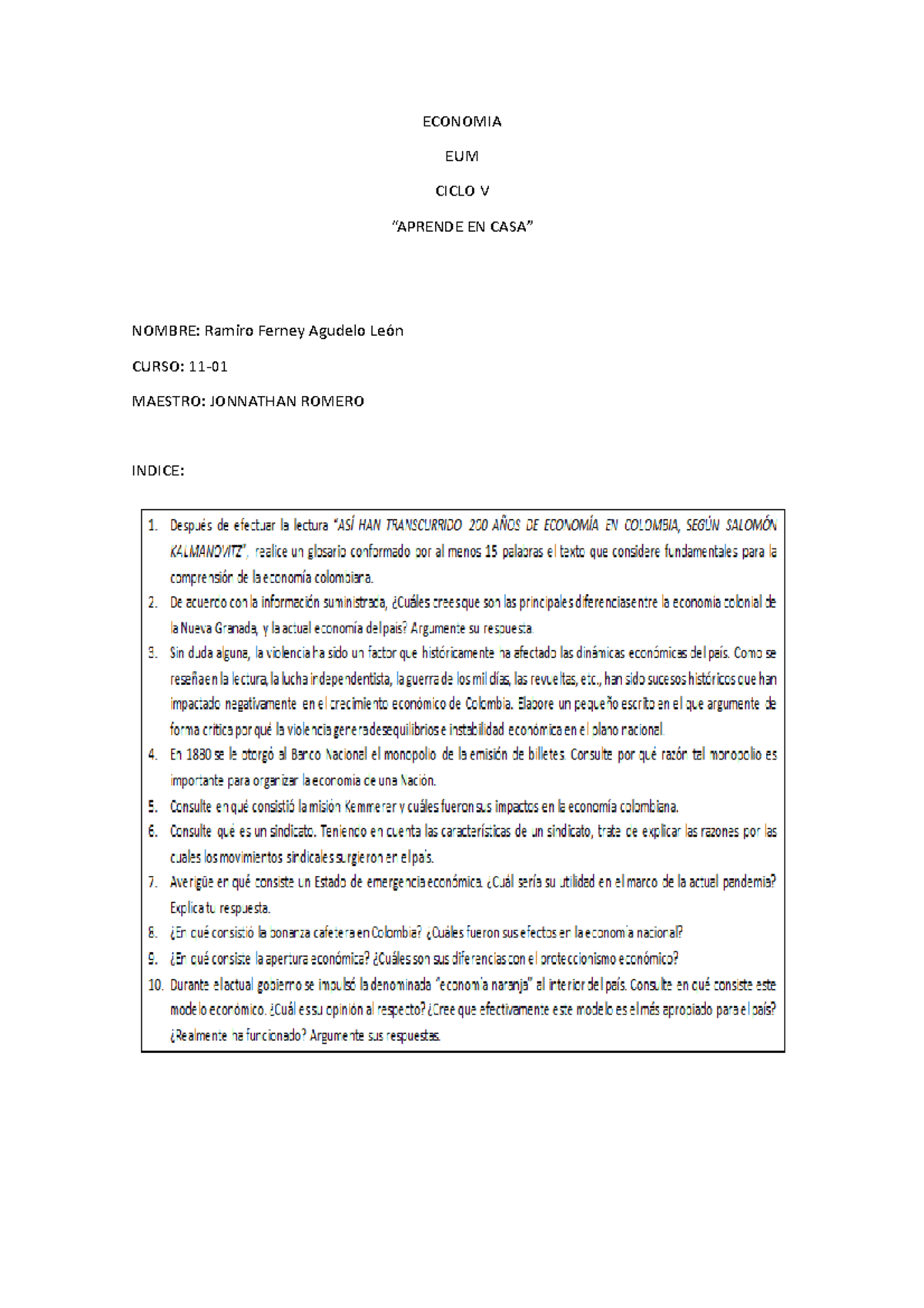 Economia - ECONOMIA EUM CICLO V “APRENDE EN CASA” NOMBRE: Ramiro Ferney ...