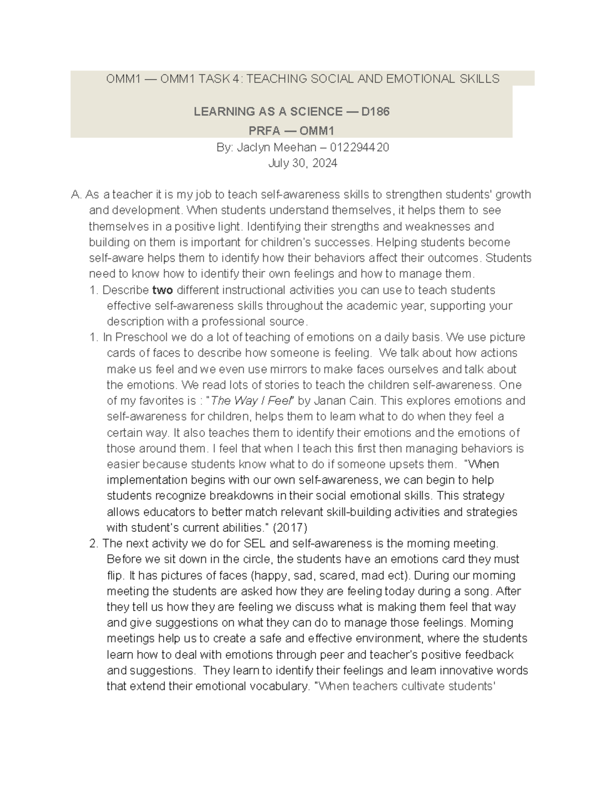 D186- Task 4 - Pass - OMM1 — OMM1 TASK 4: TEACHING SOCIAL AND EMOTIONAL ...