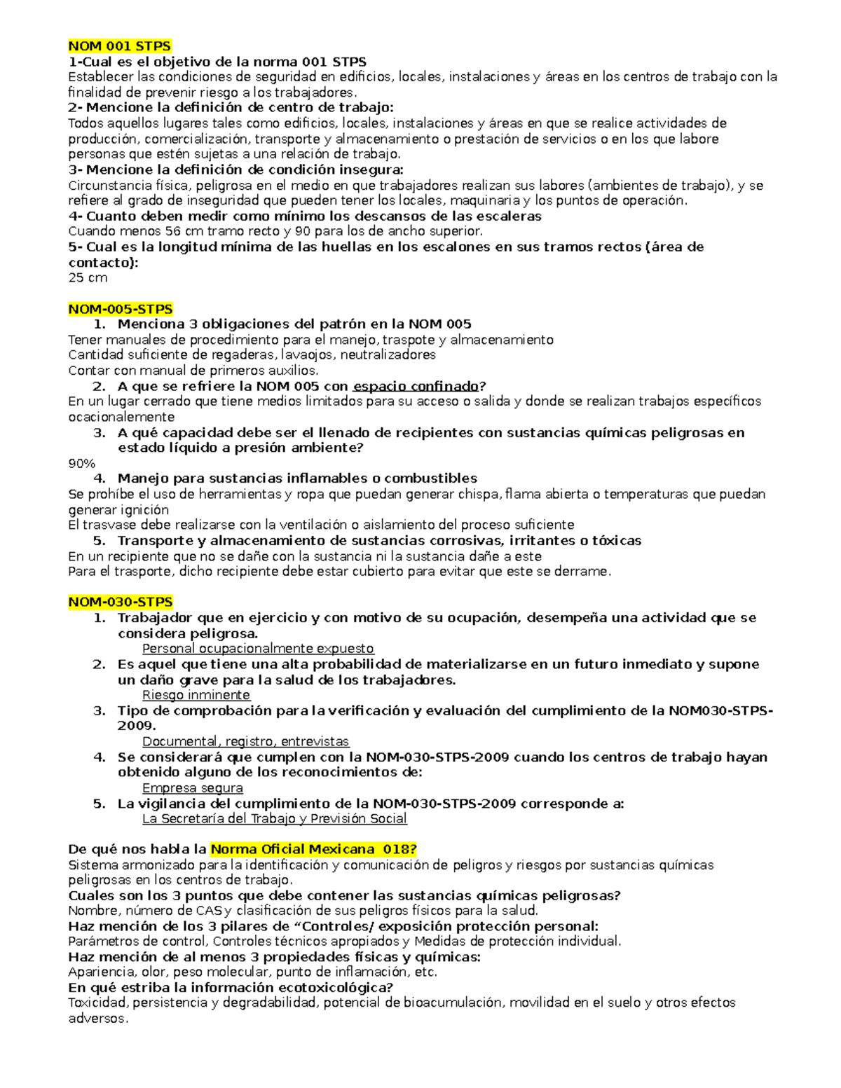Examen 15 Octubre 2018, preguntas y respuestas - NOM 001 STPS es el ...