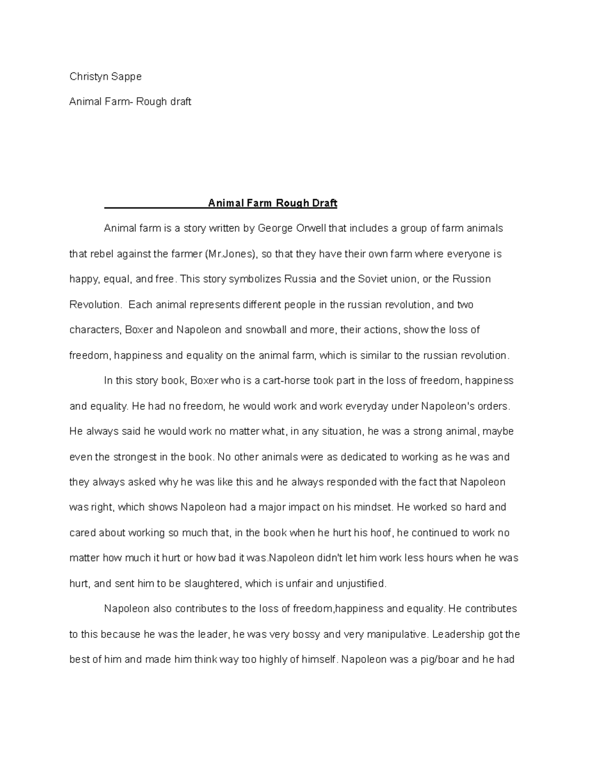 Animal farm rough draft - Christyn Sappe Animal Farm- Rough draft ...