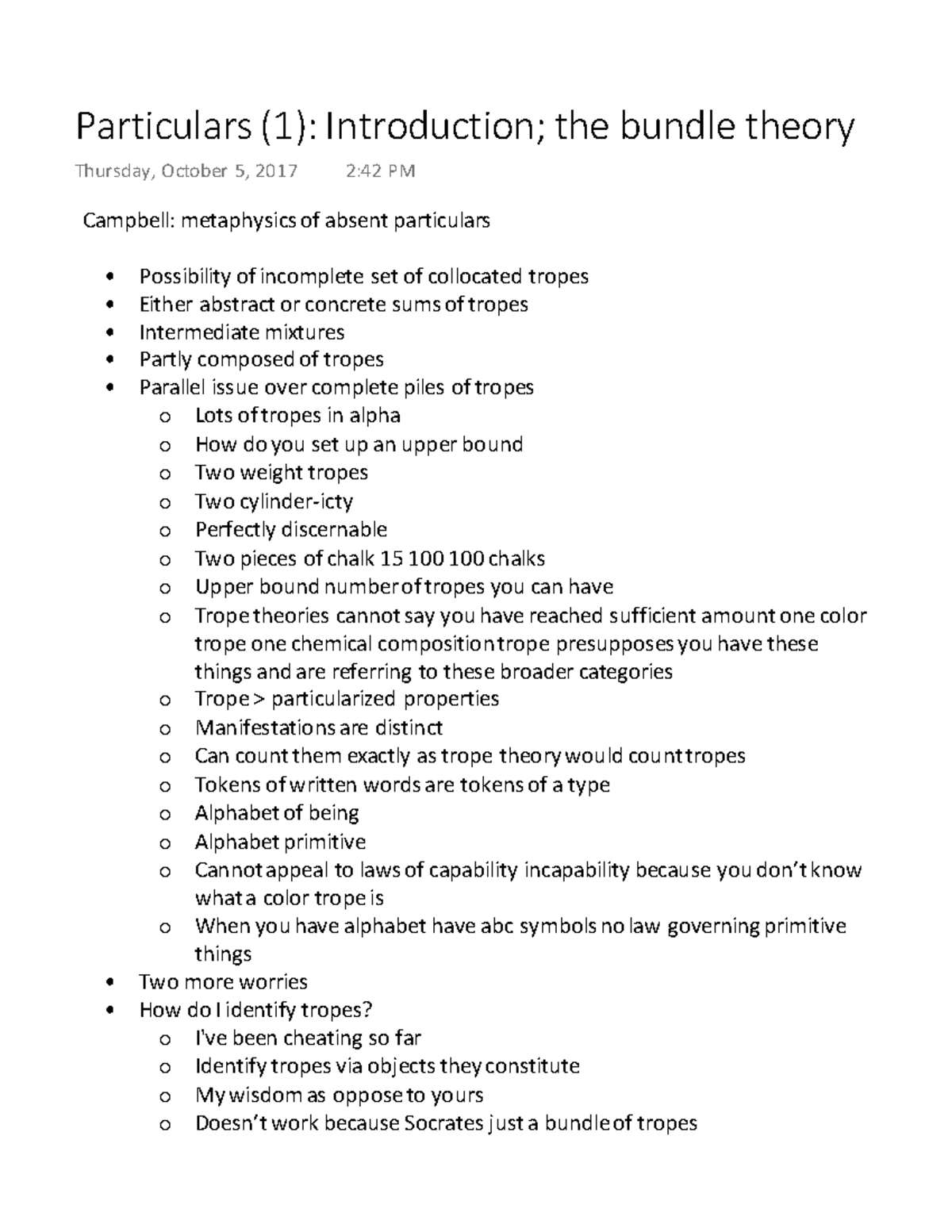 Particulars (1) Introduction the bundle theory - Campbell: metaphysics ...