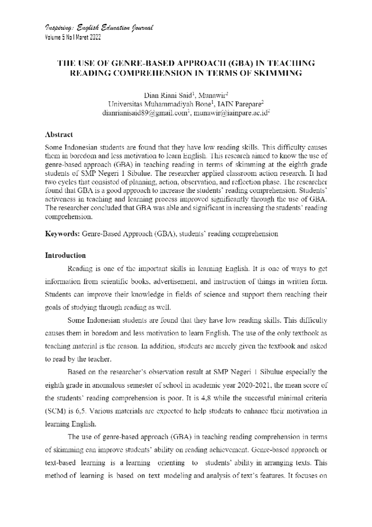 The Use of Genre-Based Approach (GBA) in Teaching Reading Comprehension ...