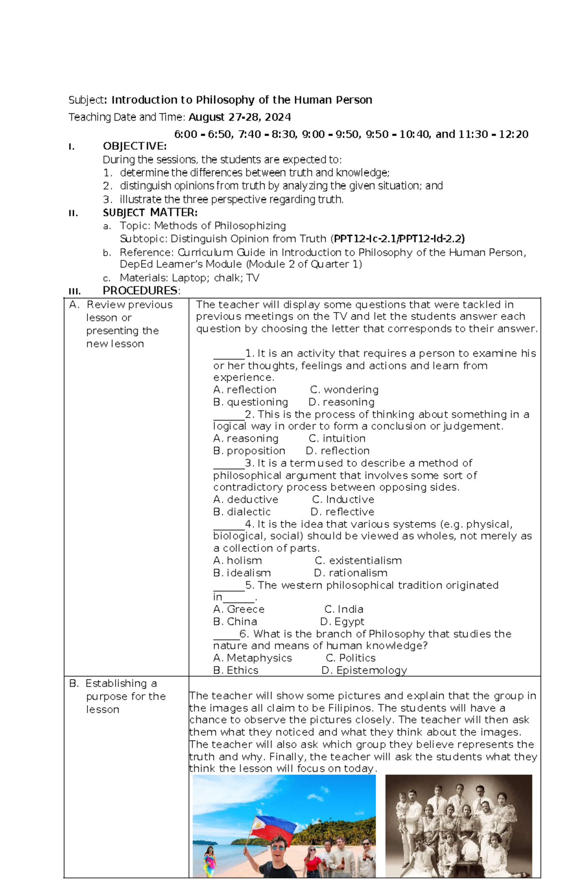 DLP - Methods OF Philosophizing - Subject: Introduction to Philosophy ...