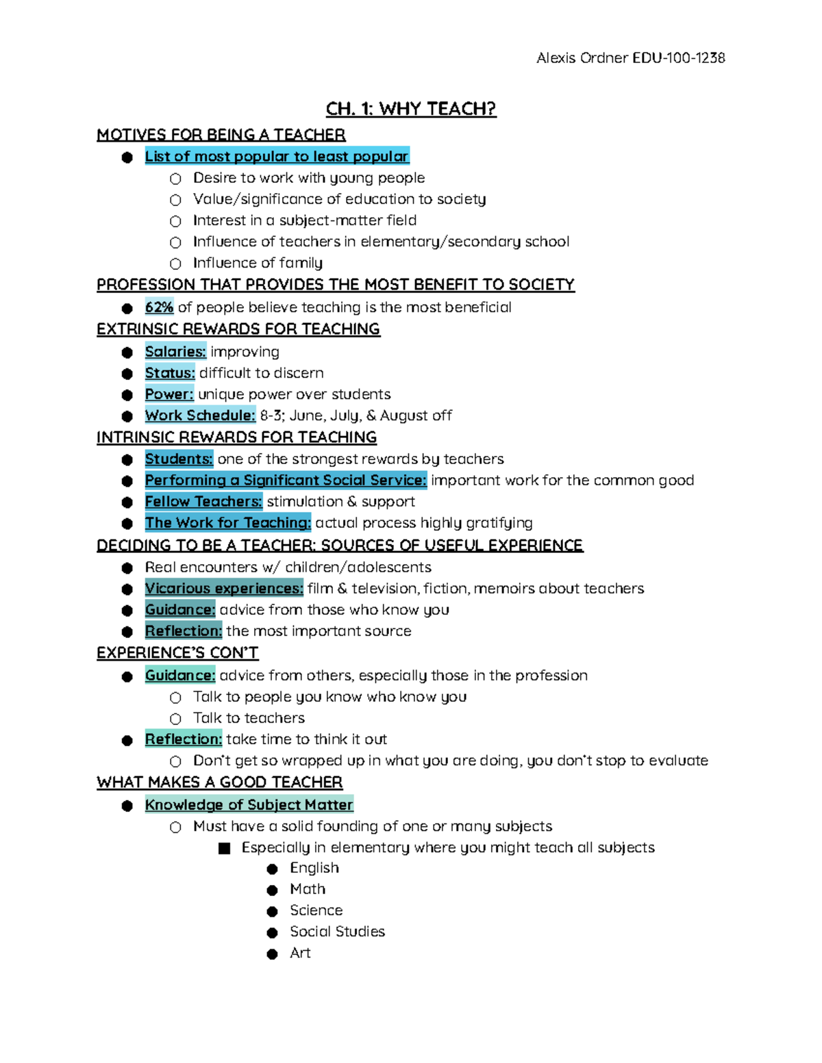 CH. 1 WHY Teach - CH. 1: WHY TEACH? MOTIVES FOR BEING A TEACHER List of ...