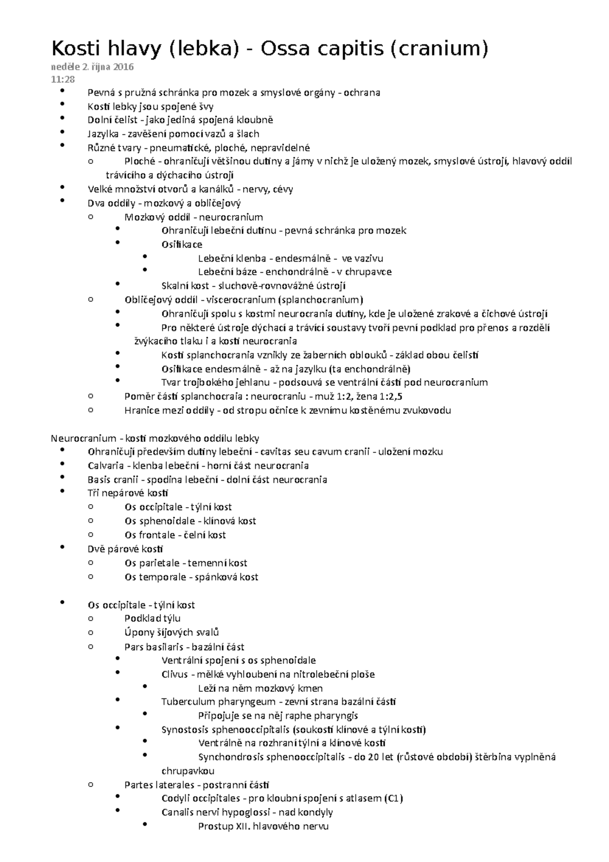 Neurocranium - Lecture notes 3 - Kosti hlavy (lebka) - Ossa capitis ...