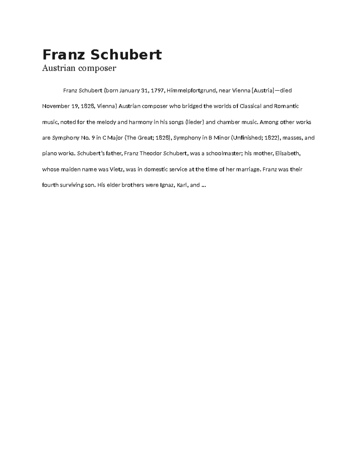 Franz Schubert - Notes - Franz Schubert Austrian composer Franz ...