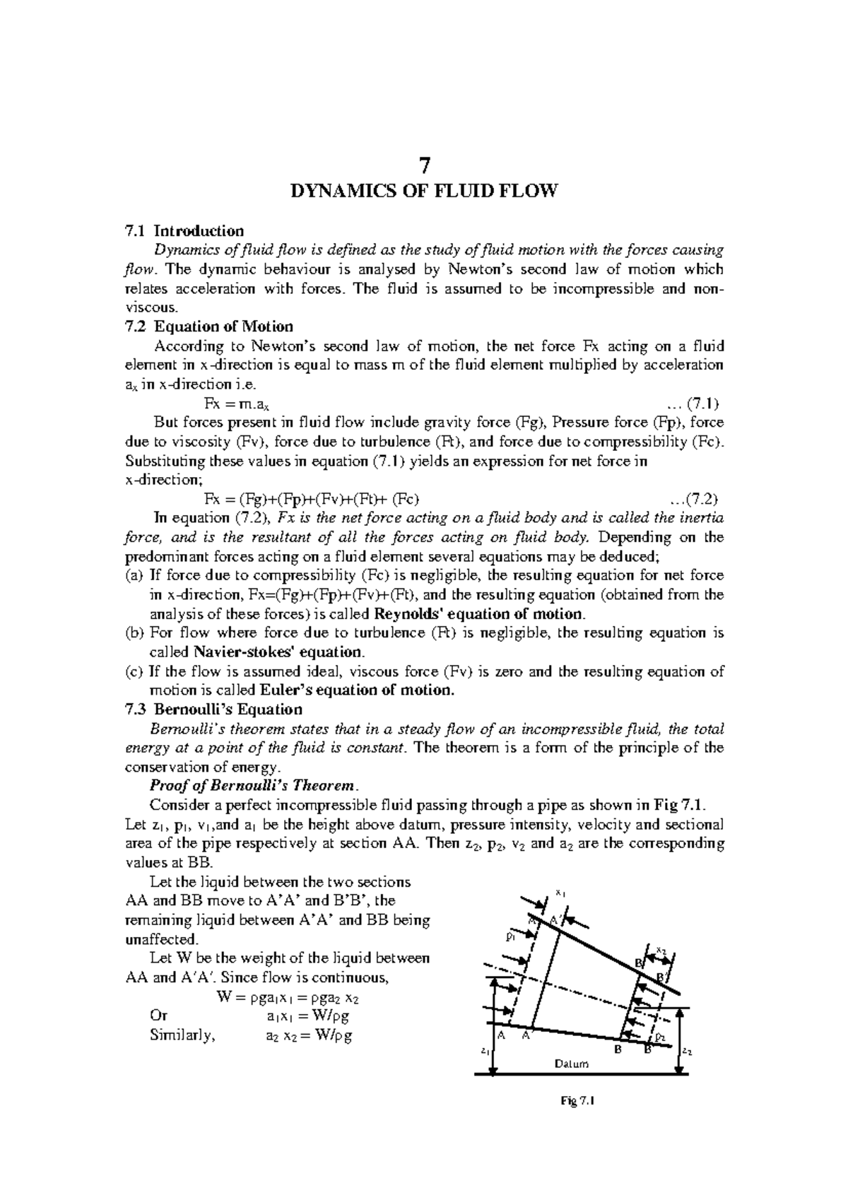 7. Dynamics OF Fluid FLOW - 7 DYNAMICS OF FLUID FLOW 7 Introduction ...
