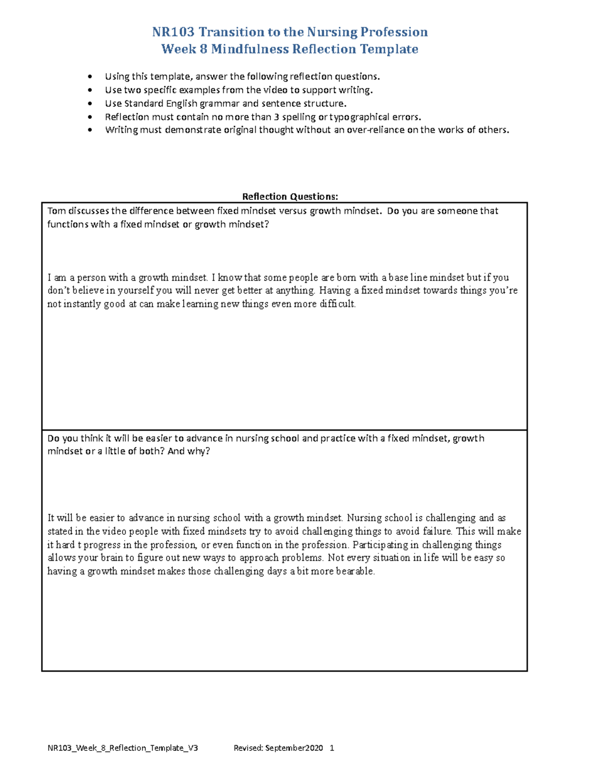 Week8 Reflection - NR103 Transition to the Nursing Profession Week 8 ...