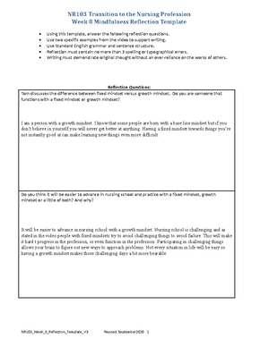 NR103 Week8 Reflection - NR103 Transition to the Nursing Profession ...