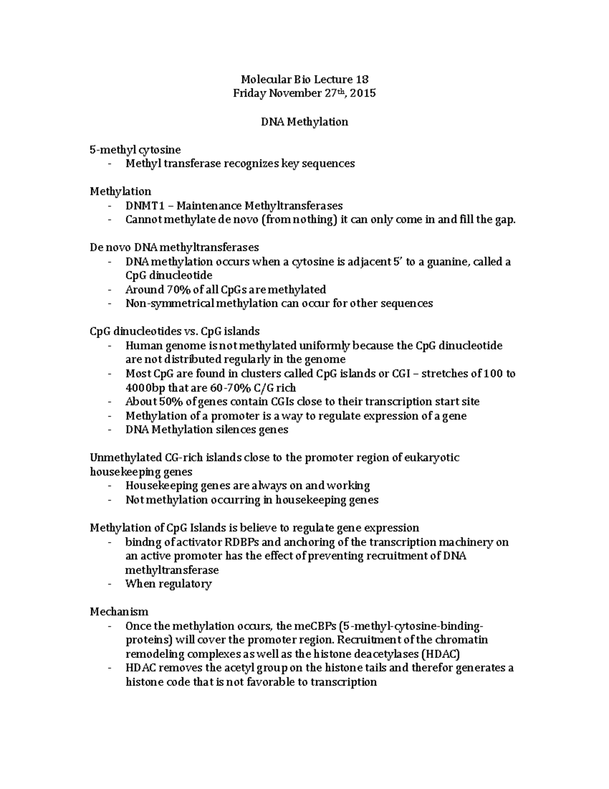 Lecture notes - Lecture 18 - Lecture 19 - Lecture 20 Molecular Bio ...
