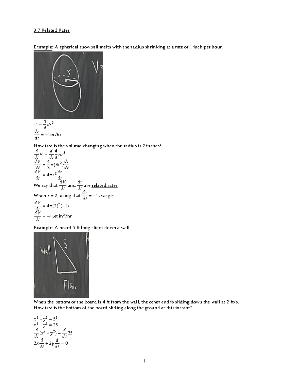 Math140 lecture notes 3.7 - 3 Related Rates Example: A spherical ...