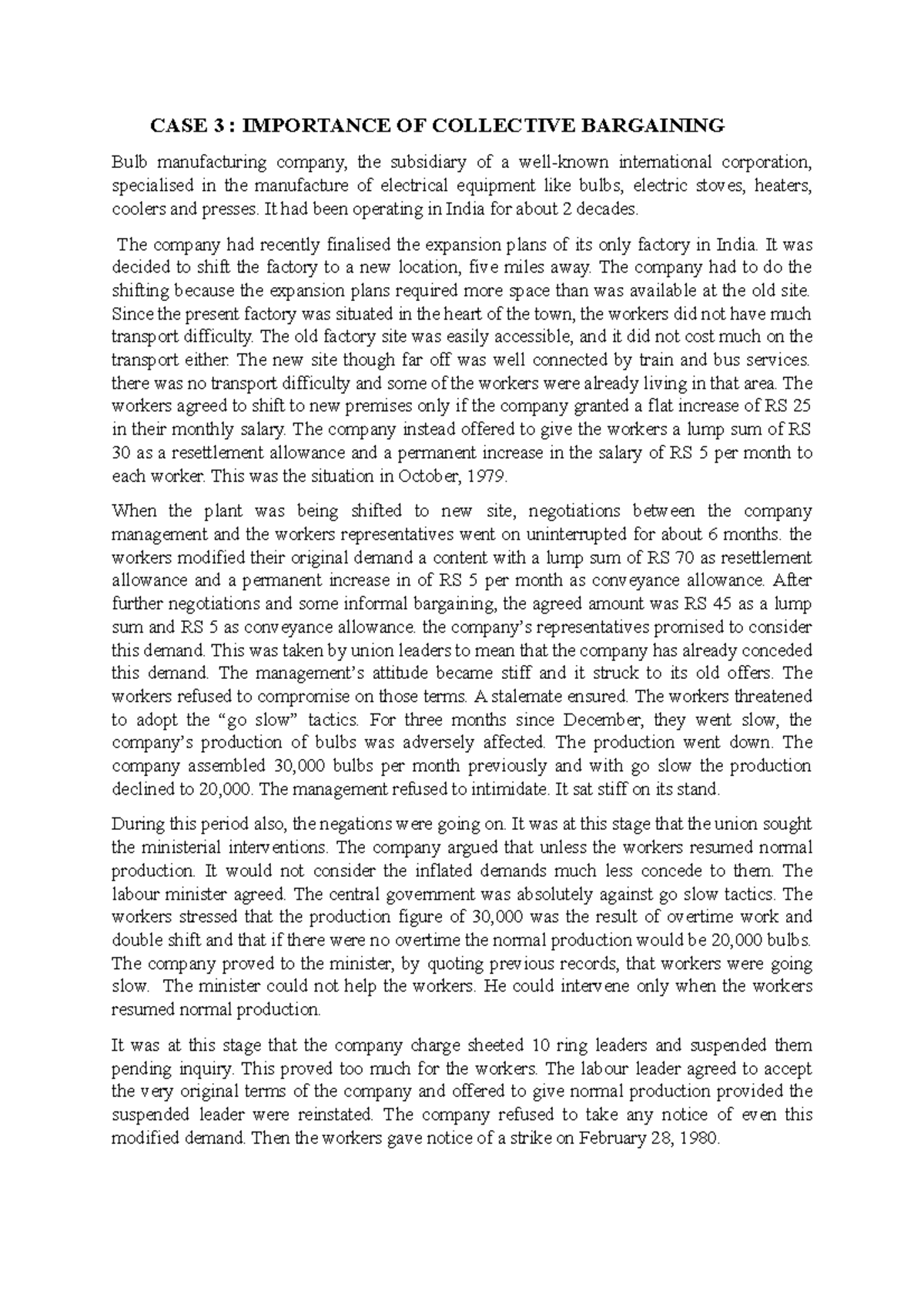 CASE 3 - vbbbbb - CASE 3 : IMPORTANCE OF COLLECTIVE BARGAINING Bulb ...