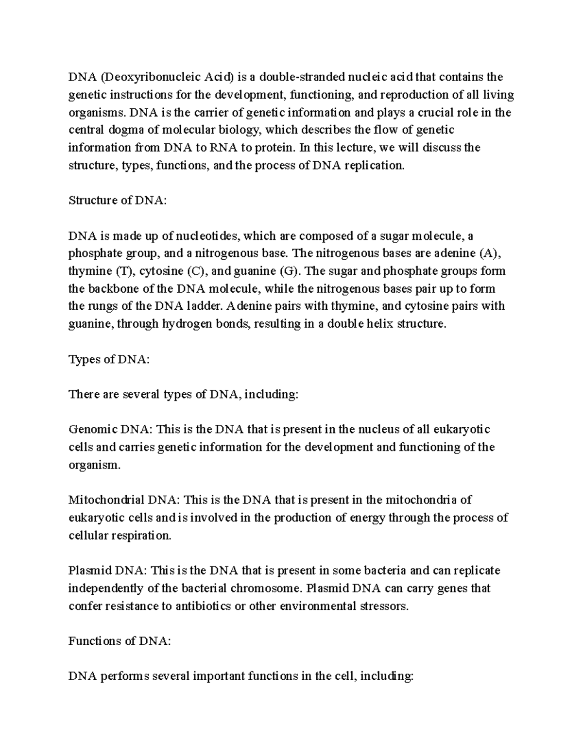 DNA P12 1- Google Docs - DNA NOTES - DNA (Deoxyribonucleic Acid) is a ...