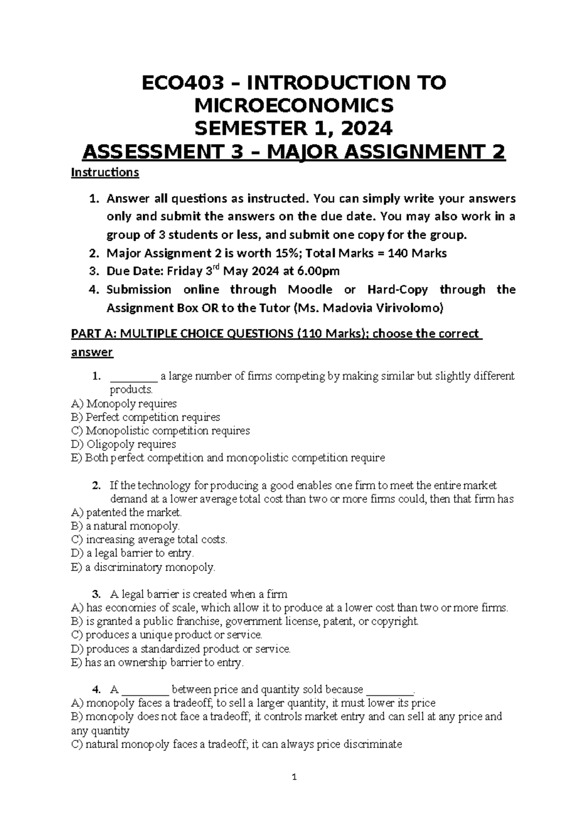 Assignment 2 Questions - ECO403 – INTRODUCTION TO MICROECONOMICS SEMESTER 1, 2024 ASSESSMENT 3 ...