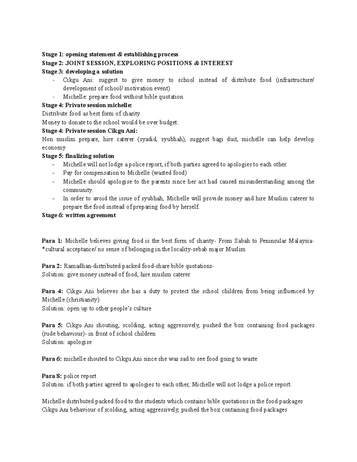 Roleplay ADR - Mediation Agrement - Stage 1: opening statement & establishing process Stage 2 ...