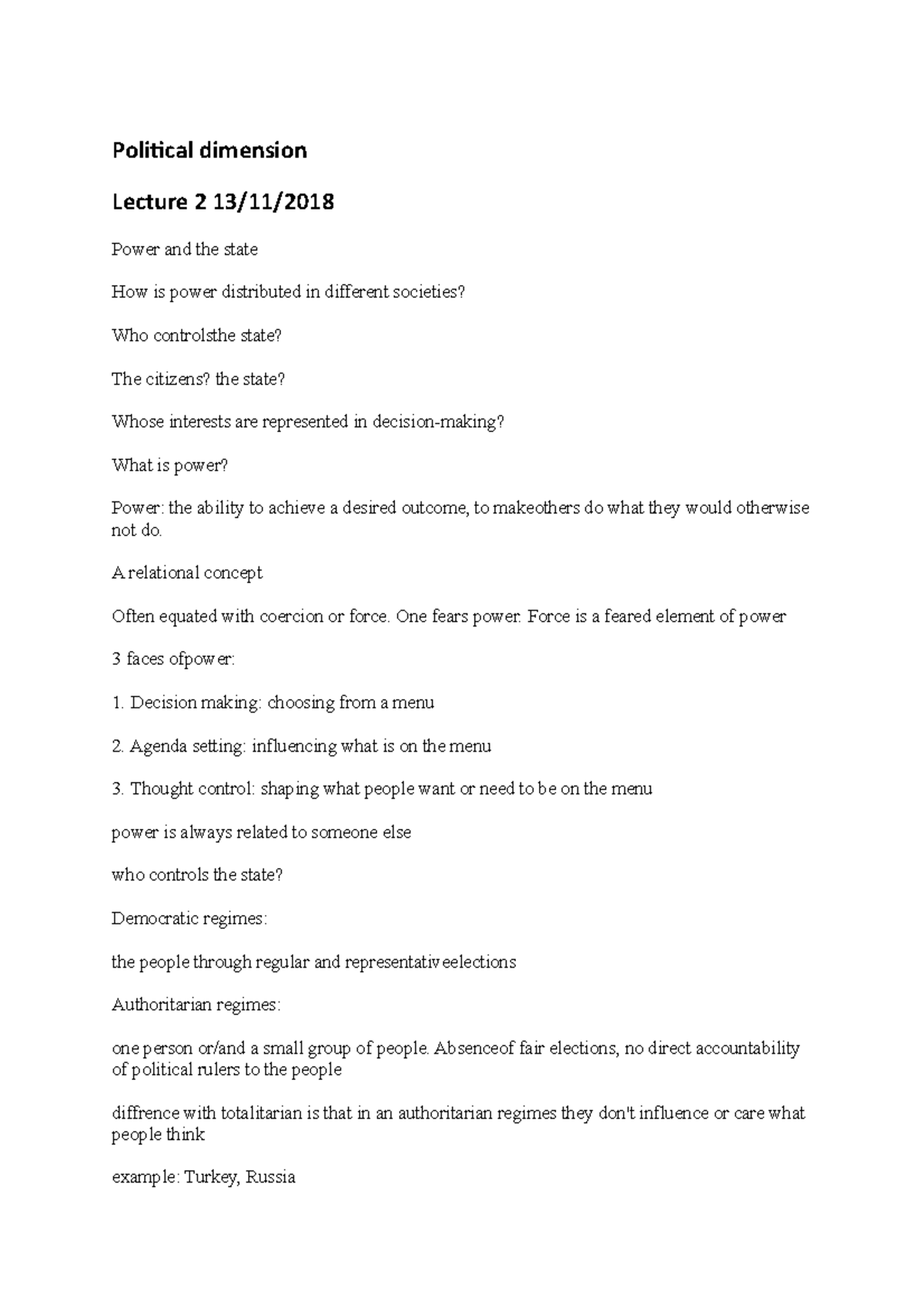 Political dimension lecture 2 notes - Political dimension Lecture 2 13 ...