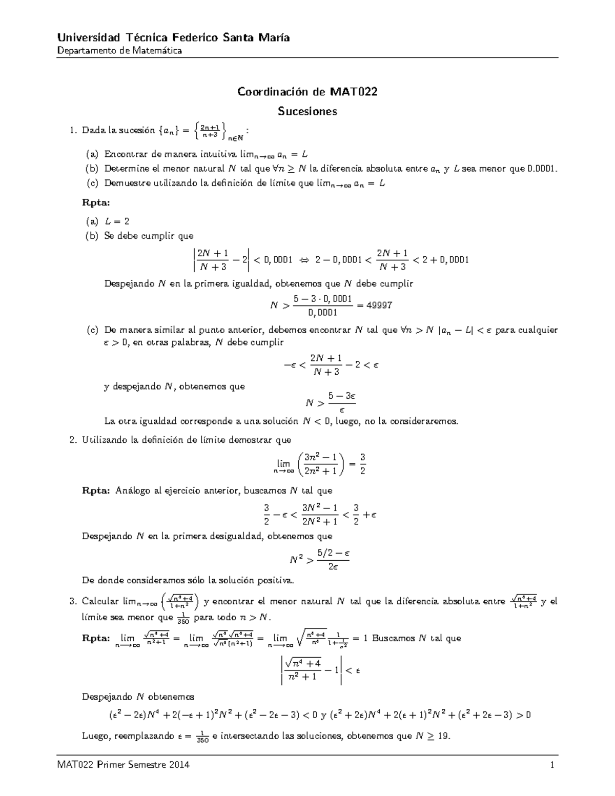 Sucesiones - Ejercicios - Universidad T´ ecnica Federico Santa Mar´ıa Departamento de Matem ...
