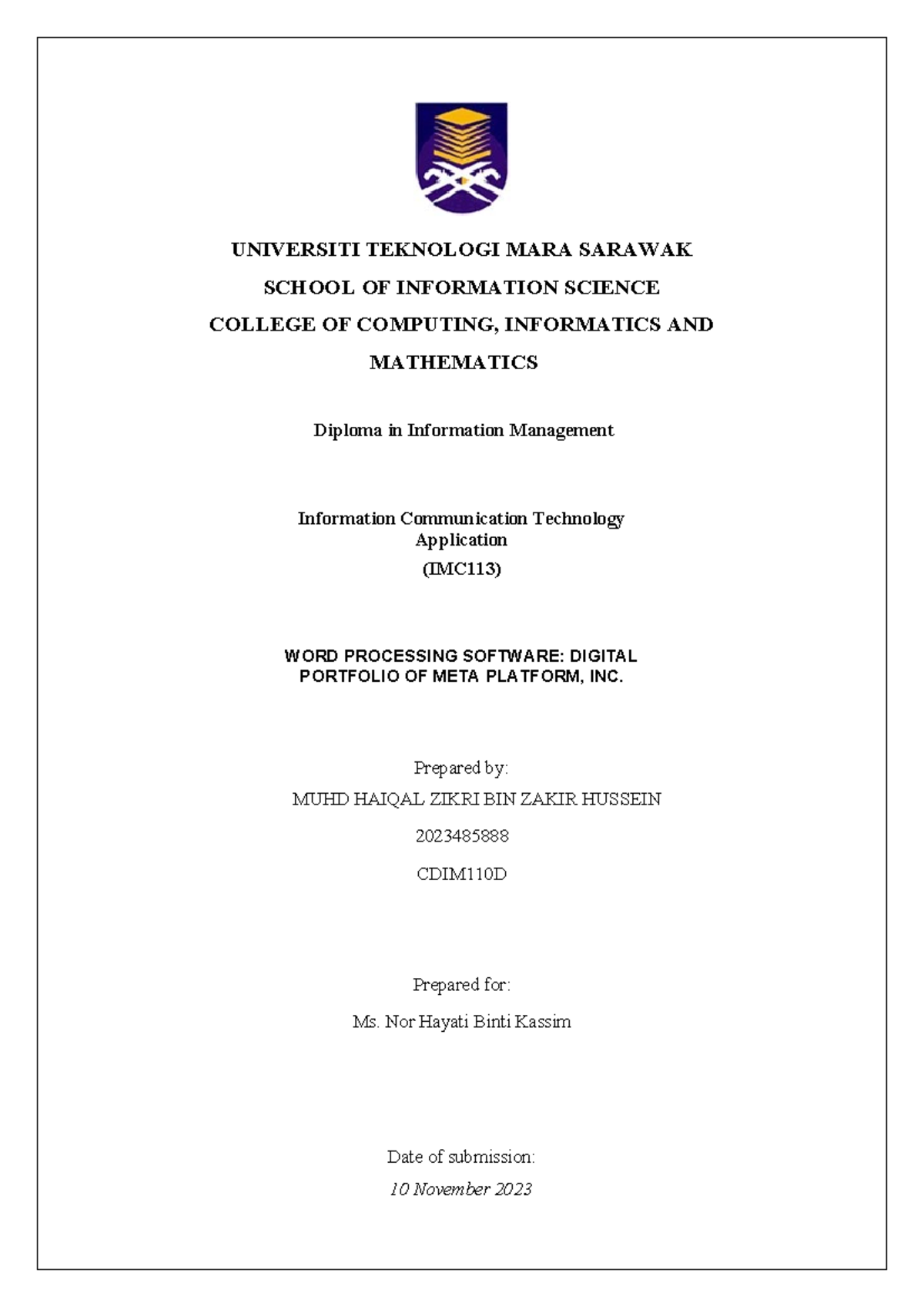 IMC 113 Assignment - nah - UNIVERSITI TEKNOLOGI MARA SARAWAK SCHOOL OF INFORMATION SCIENCE ...