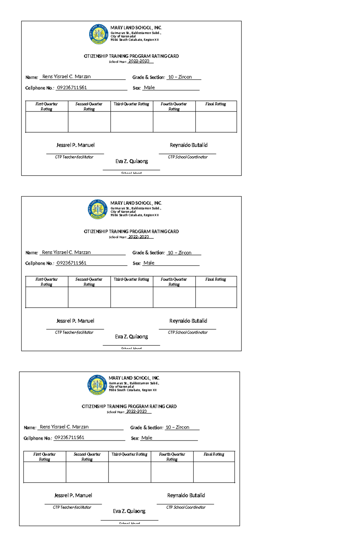 Updated CTP rating card - MARY LAND SCHOOL, INC. Guimaras St., Baldostamon Subd., City of ...