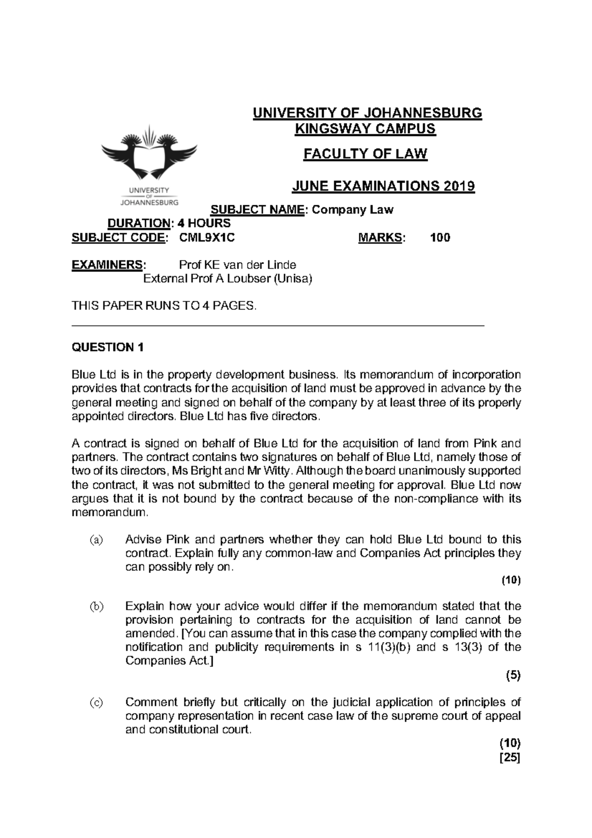 CML9X1C June 2019 exam - acc - UNIVERSITY OF JOHANNESBURG KINGSWAY ...