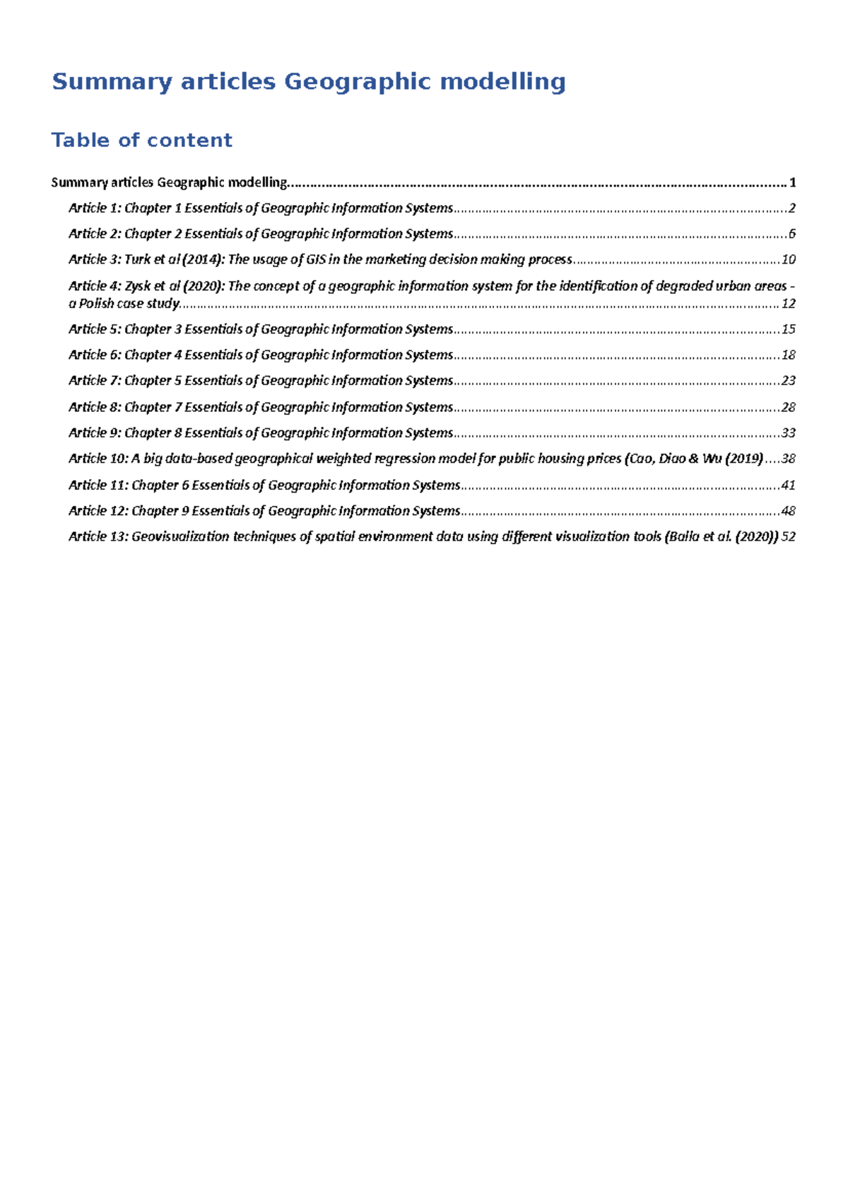 Article notes Geographical modeling - Summary articles Geographic ...